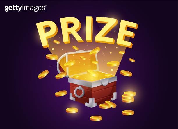 Treasure box. Chest with gold coins. Prize banner. Game level win ...