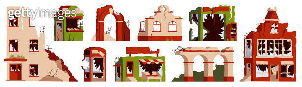 Ruined building. Cartoon collapsed broken and abandoned city ...