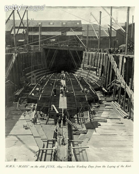 Ship workers laying keel of HMS Mars at Laird Brothers shipyard ...