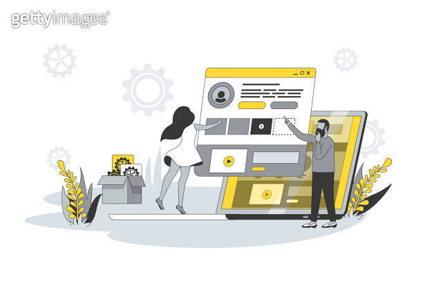 UI UX design concept in flat line design. People create layout and optimize places of buttons ...