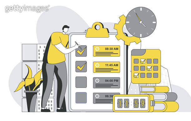 Time management concept with outline people scene. Man creates schedule ...