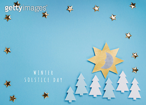 Winter Solstice Day Holiday, December 21. Sun, Moon, Golden Stars on ...