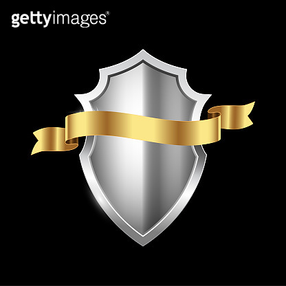 Silver shield with gold ribbon. Metal heraldic emblems vector ...