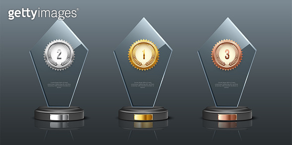 Glass awards realistic vector illustration. Crystal prizes with golden ...