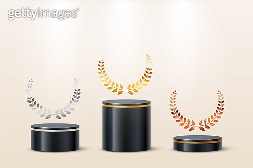 3d black cylinder podium set, pipe platforms with gold, silver and ...