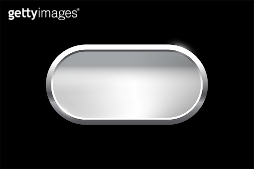 Silver ellipse shape button with frame vector illustration. 3d steel ...