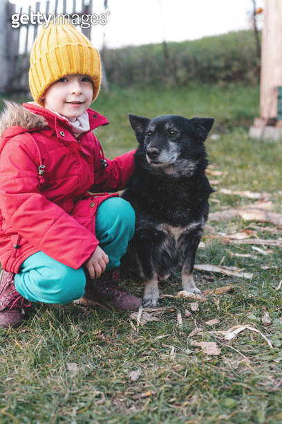 Girl squatting hugs a dog on outdoors and looks at the camera 이미지 ...