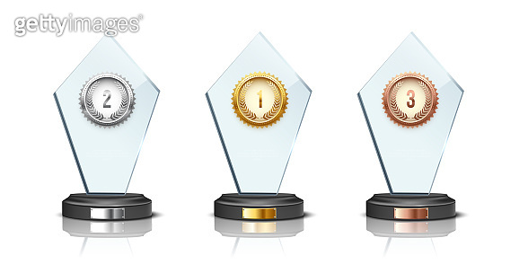 Glass awards realistic vector illustration. Crystal prizes with golden ...