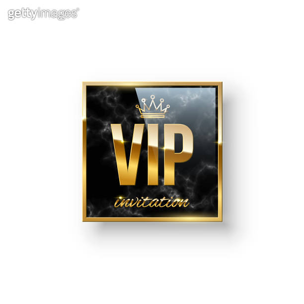VIP invitation 3d square button with gold crown, border and text on ...