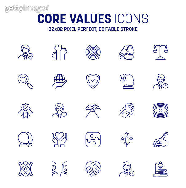 Core values icon set. Editable stroke set of icons core values. Target ...