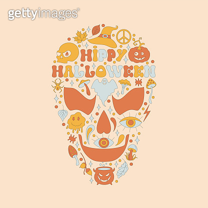 Lettering with retro 70s style Halloween elements in a shape of a skull ...