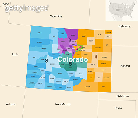 Colorado state counties colored by congressional districts vector map ...