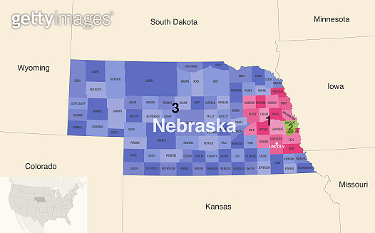 Nebraska state counties colored by congressional districts vector map ...