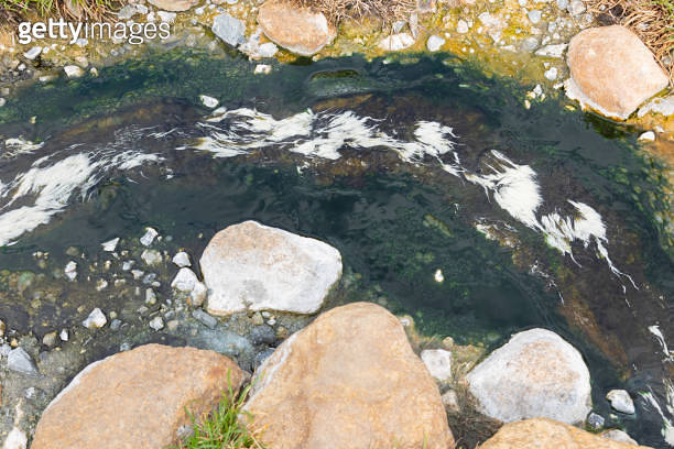 Close up shot of clear and clean water flow stream in natural hot ...