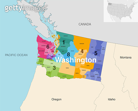 Washington state counties colored by congressional districts vector map ...