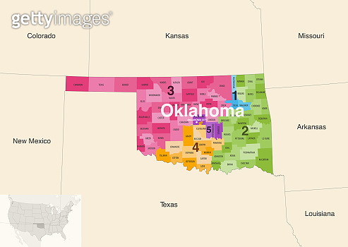 Oklahoma state counties colored by congressional districts vector map ...
