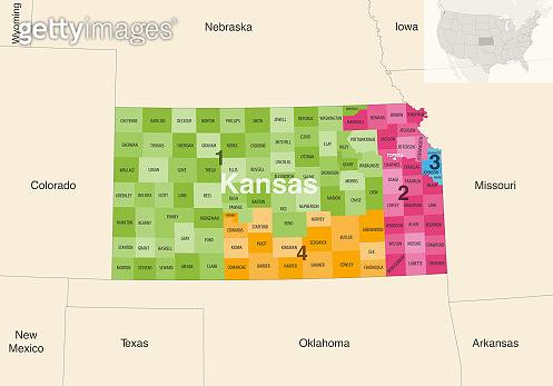 Kansas state counties colored by congressional districts vector map ...