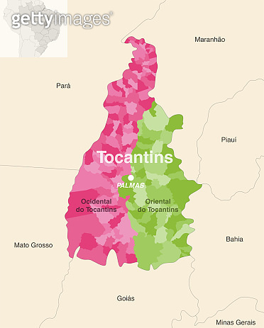 Brazil state Tocantins administrative map showing municipalities ...