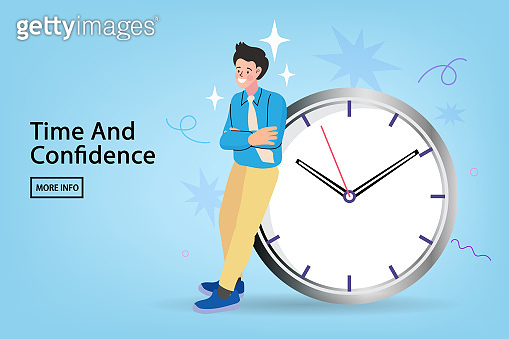 Businessman standing next to a huge alarm clock. Deadline, project time ...