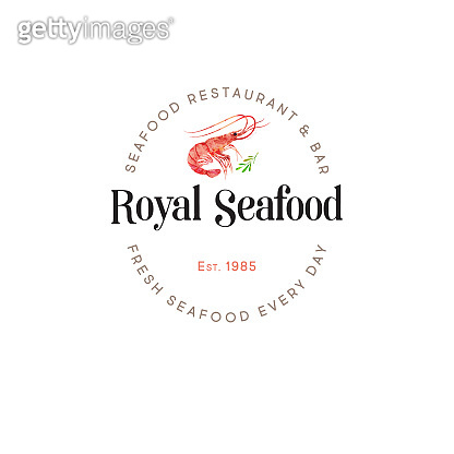 Seafood restaurant emblem. Red prawn into round frame. Water color ...