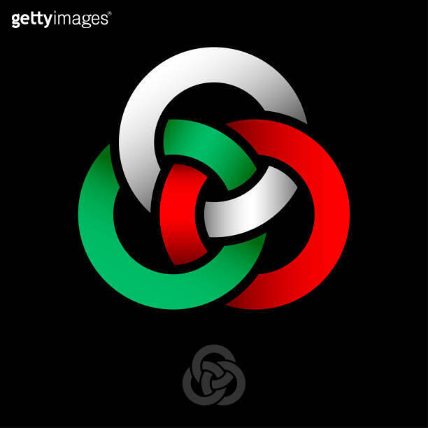 Three connected rings. Abstract emblem. Red, green and white rings ...