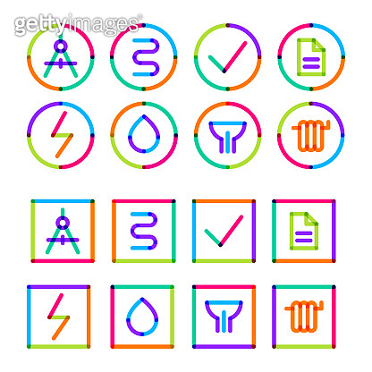 Round and square building icons drawn with markers. Icons for ...