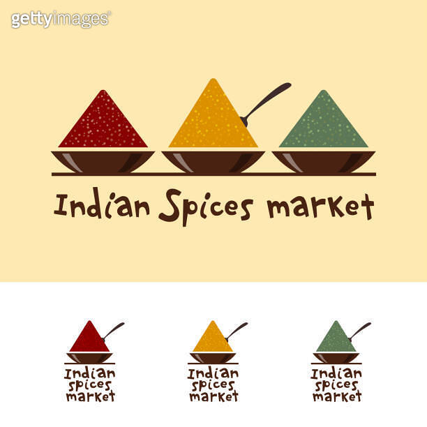 Indian Spices market sign. Spices emblem. Three bowls with spices. 이미지 ...