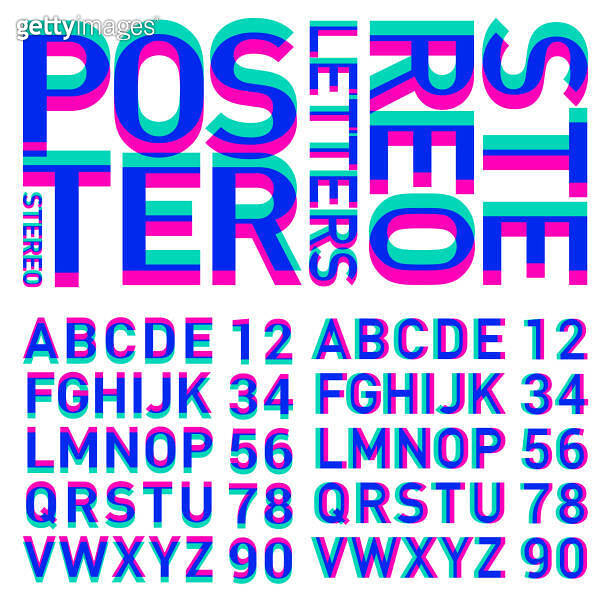Stereo alphabet. Stereoscopic letters and numbers. Alphabet consist of ...