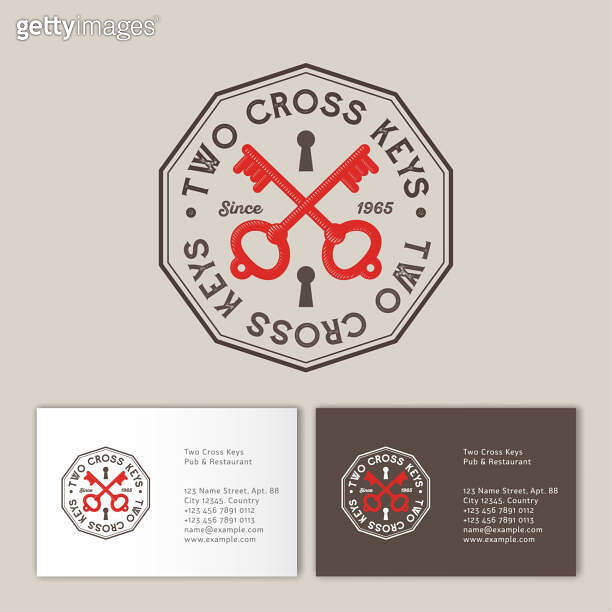 Cross keys emblem. Two keys with letters into geometry badge. Business ...