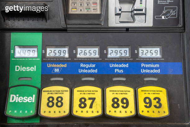 Gas pump in USA showing prices per gallon for diesel, unleaded 88 ...