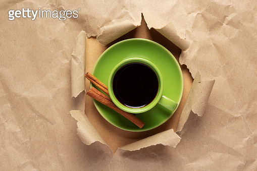 Cup of coffee at torn paper. Coffee espresso at cardboard (1396736699 ...