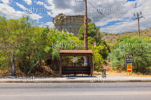 View of standard bus stop on island of Rhodes in Greece against ...