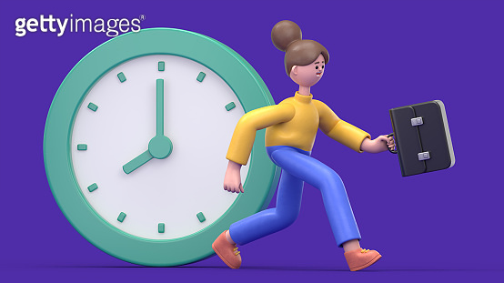 3D illustration of smiling woman Angela employee running in panic ...