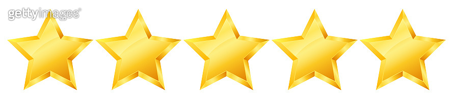 Five 5 star rank sign. Glossy golden star sticker icon rating. 3d five ...