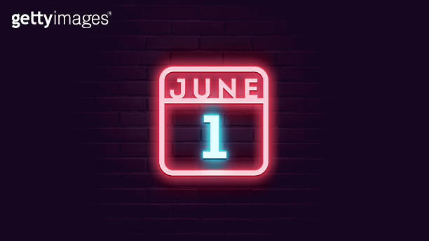 June 1 calendar with neon blue and red neon lights on bricks background ...