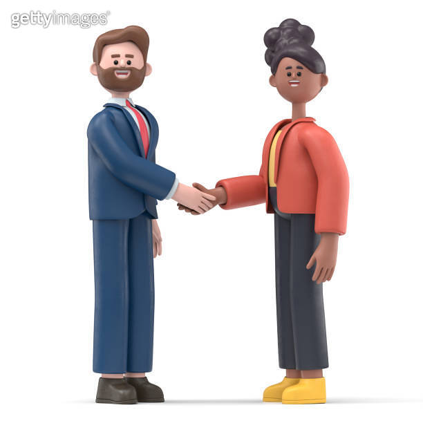 3D illustration of business handshake. Cute cartoon characters standing ...