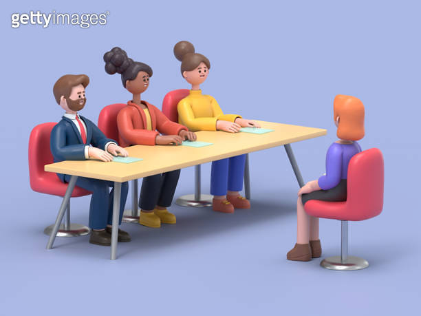 3D illustration of cartoon characters sitting behind a desk and a ...