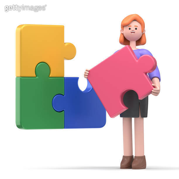 3D illustration of smiling businesswoman Ellen holding puzzle piece ...
