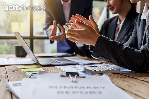 Close up clapping hands of businesspeople at presentation, online ...