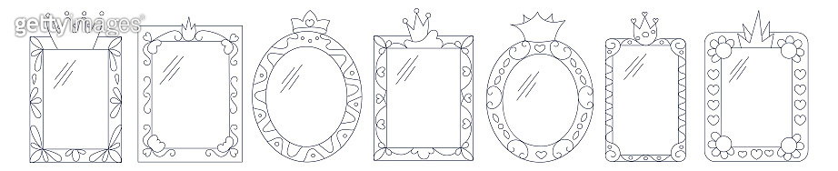 Princess mirrors with crown or tiara line vector illustration set ...