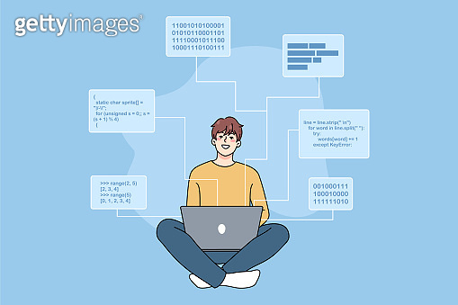 Smiling software engineer writing codes on computer 이미지 (1398599278) - 게티이미지뱅크