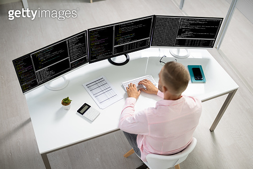 Computer Programmer Writing Program Code On Computer 이미지 (1418357476 ...