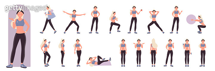 Female active sport trainer poses set in front, side and back view ...