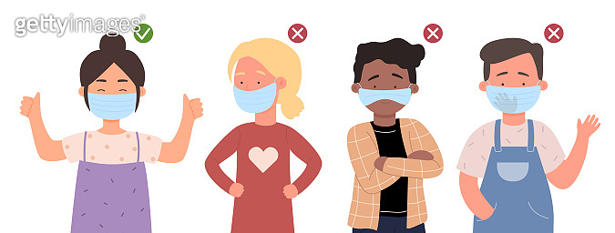 Kids wear protective face mask with right and wrong way set, boys and ...