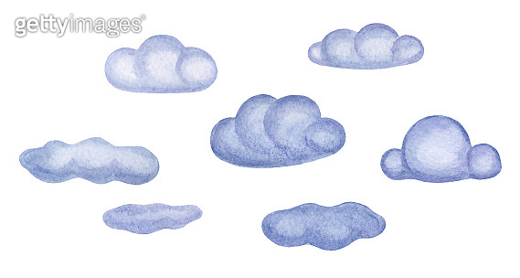 Blue Watercolor Clouds. Set of hand-drawn watercolor elements. Airy ...