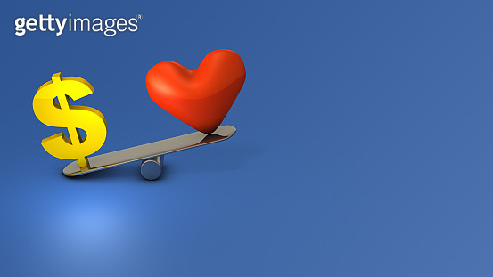 Comparison of dollar sign and heart symbol. The scales tilt towards ...