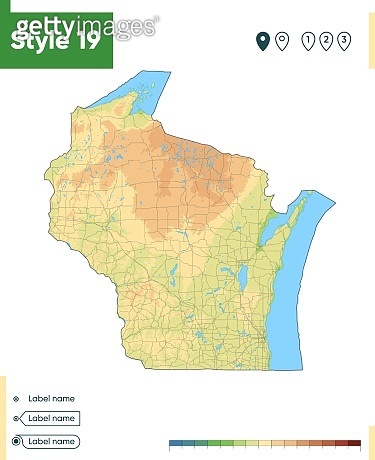 Wisconsin, USA - high detailed physical map. Vector map. Dem map ...