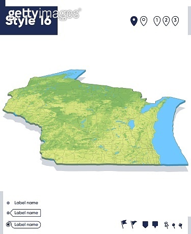 Wisconsin, USA - map with shaded relief, land cover, rivers, mountains ...