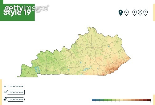 Kentucky, USA - high detailed physical map. Vector map. Dem map ...