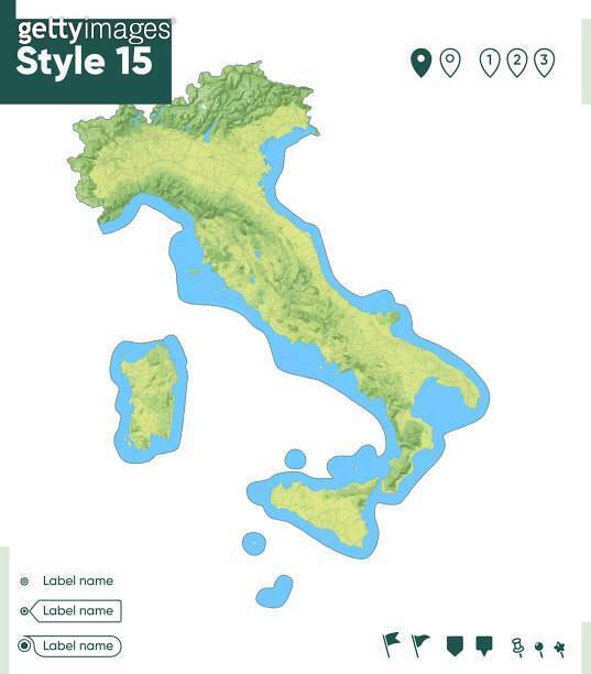 Italy - map with shaded relief, land cover, rivers, lakes, mountains ...